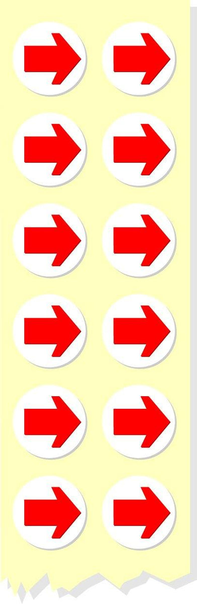 12MM RED ON WHITE CIRCULAR FAULT ARROWS, ROLL OF 5000